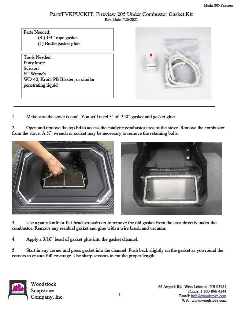 Fireview 205 Under Combustor Gasket Kit | Woodstove